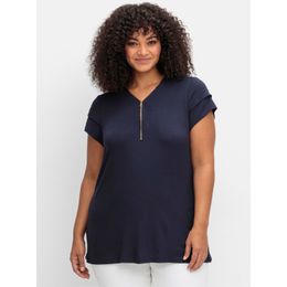 sheego by Joe Browns sheego Gro&szlig;e Gr&ouml;&szlig;en Kurzarmshirt mit goldfarbenem Zipper, nachtblau, Gr&ouml;&szlig;e 56/58 - Damen