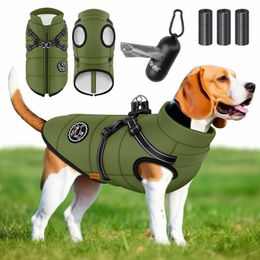 LOVPET® Hundejacke Hundemantel mit Geschirr, inkl. 45 Stück Kotbeutel + Spender, Hunde Winterweste gefüttert wasserdicht, Gepolsterte Weste Mit Brustgurt, Reflektoren, D-Ring