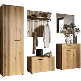 Garderoben-Set Home Affaire "Amrum", evoke eiche, B:250cm H:196cm T:36cm, Holzwerkstoff, Kunststoff, Metall, Kastenmöbel-Sets, Set bestehend aus: Schrank, Sitzbank, Wandpaneel, Kommode & Spiegel