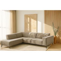 Places of Style Ecksofa »Lorcan, Breite 275 cm, weiches Sitzgefühl« mit schwarzen Metallfüßen, Lederoptik und in weichem Strukturstoff taupe
