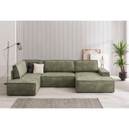Home Affaire Wohnlandschaft »SHERWOOD 329 cm, U-Form, Schlafsofa, « Schlaffunktion m. Bettkasten (194x139 cm), Cord, Vintage, Samtvelours olivgrün