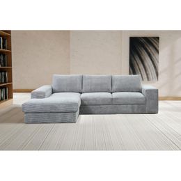 WERK2 Ecksofa »Rozzana Design Ecksofa mit hohem Komfort, zeitlos & elegant, L-Form, « in kuschelweichen Trendstoffen Cord, Breitcord und Plüsch Grau