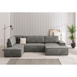 Home Affaire Wohnlandschaft »SHERWOOD 329 cm, U-Form, Schlafsofa, « Schlaffunktion m. Bettkasten (194x139 cm), Cord, Vintage, Samtvelours dunkelgrau