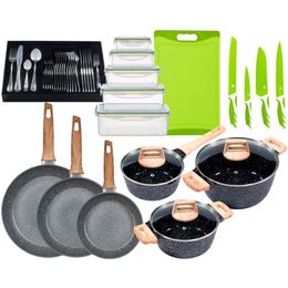 King Topf-Set »»ESSENTIAL« Aluminium, Induktion, Antihaftbeschichtung« Aluminiumguss Set, 2 Töpfe, 1 Stieltopf, 3 Glasdeckel, 1 Besteck-Set + Etui,...