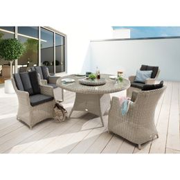 Destiny Garten-Essgruppe »LUNA« Set, 4x Sessel, 1x Tisch Ø 150x75cm mit Drehteller, inkl. Auflagen, 14 Stk. tlg. Aluminium, Polyrattan vintage weiß...