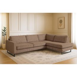 Places of Style Ecksofa »Pinto, 290 cm, Cord, Chenille, Lederoptik, Ottomane links / rechts« mit Keder, schwarze Metallfüße, Wellenunterfederung brown