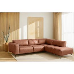Places of Style Ecksofa »Lorcan, Breite 275 cm, weiches Sitzgefühl« mit schwarzen Metallfüßen, Lederoptik und in weichem Strukturstoff cognac