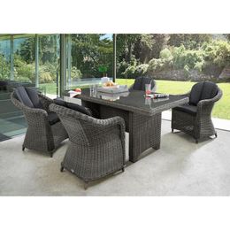 Destiny Garten-Essgruppe »MALAGA LUNA« Set, 13 Stk. tlg. Polyrattan, 4 Sessel + Tisch 200x100x75cm, inkl. Auflagen vintage grau +