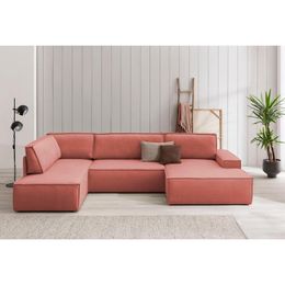 Home Affaire Wohnlandschaft »SHERWOOD 329 cm, U-Form, Schlafsofa, « Schlaffunktion m. Bettkasten (194x139 cm), Cord, Vintage, Samtvelours coral