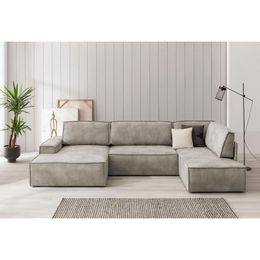 Home Affaire Wohnlandschaft »SHERWOOD 329 cm, U-Form, Schlafsofa, « Schlaffunktion m. Bettkasten (194x139 cm), Cord, Vintage, Samtvelours hellgrau