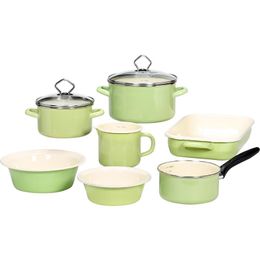 Krüger KRÜGER Topf-Set »Juist« Emaille Set, Kochtopf 16/20 cm, Kasserolle 16 cm, Milchtopf 12 cm, Pfanne 32x22 cm, 9 Stk. tlg. Induktion hellgrün/cremefarben