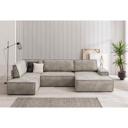 Home Affaire Wohnlandschaft »SHERWOOD 329 cm, U-Form, Schlafsofa, « Schlaffunktion m. Bettkasten (194x139 cm), Cord, Vintage, Samtvelours hellgrau