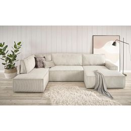 Home Affaire Wohnlandschaft »SHERWOOD 329 cm, U-Form, Schlafsofa, « Schlaffunktion m. Bettkasten (194x139 cm), Cord, Vintage, Samtvelours hellbeige