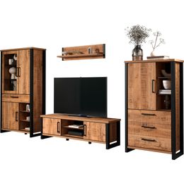 Wohnwand Home Affaire "Elda", mango, schwarz, B:389cm H:195cm T:45cm, Holzwerkstoff, MDF, Metall, Kastenmöbel-Sets, Set bestehend aus: TV Lowboard, Vitrine, Wandboard,Highboard