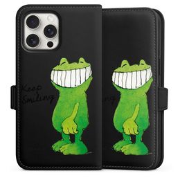 DeinDesign iPhone 15 Pro Max Handy Klapph&uuml;lle Handyh&uuml;lle aus Kunst Leder schwarz Flip Case Janosch Frog Motivation Sideflip mit Lasche