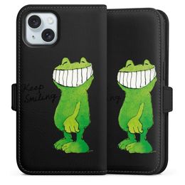 DeinDesign iPhone 15 Handy Klapph&uuml;lle Handyh&uuml;lle aus Kunst Leder schwarz Flip Case Janosch Frog Motivation Sideflip mit Lasche