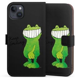 DeinDesign iPhone 14 Plus Handy Klapph&uuml;lle Handyh&uuml;lle aus Kunst Leder schwarz Flip Case Janosch Frog Motivation Sideflip mit langer Lasche