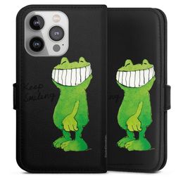 DeinDesign iPhone 14 Pro Handy Klapph&uuml;lle Handyh&uuml;lle aus Kunst Leder schwarz Flip Case Janosch Frog Motivation Sideflip mit langer Lasche