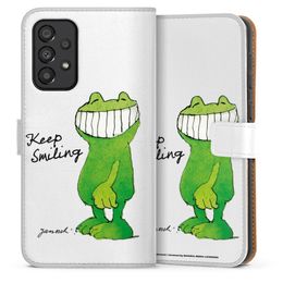DeinDesign Galaxy A33 5G Handy Klapph&uuml;lle Handyh&uuml;lle aus Kunst Leder wei&szlig; Flip Case Motivation Frog Janosch Sideflip mit Lasche