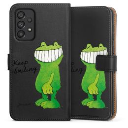 DeinDesign Galaxy A33 5G Handy Klapph&uuml;lle Handyh&uuml;lle aus Kunst Leder schwarz Flip Case Motivation Frog Janosch Sideflip mit langer Lasche
