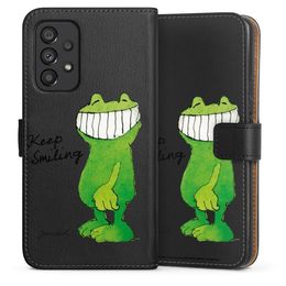 DeinDesign Galaxy A53 5G Handy Klapph&uuml;lle Handyh&uuml;lle aus Kunst Leder schwarz Flip Case Motivation Frog Janosch Sideflip mit langer Lasche