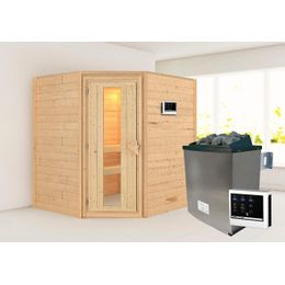 Sauna Karibu "Mia (Fronteinstieg)", beige (naturbelassen), (ohne Ofen), Saunen, Ofen 9 KW externe Strg easy
