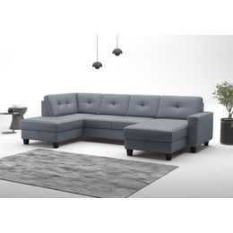 Wohnlandschaft Places of Style "Varese", blau (graublau), B:304cm H:91cm T:170cm, Sofas, wahlweise mit Bettfunktion und Bettkasten