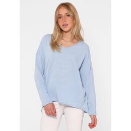 Sweatshirt Zwillingsherz ""Positive Mind"", Damen, Gr. L/XL (L/XL), blau (hellblau), Sweatware, Obermaterial: 70% Baumwolle, 30% Polyester, unifarben, used, vintage, lässig geschnitten Po-bedeckend, V-Ausschnitt, Sweatshirts, ausgefranster V-Ausschnitt, Used Look, Langarm, Schriftzug