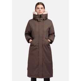 Wintermantel KHUJO "Agneta-YM", Damen, Gr. M (38), grau (terragrau), Obermaterial: 100% Polyester, Futter: 100% Nylon, Wattierung: 100% Polyester, Basic, gerade ca. Mitte Wade, hoch geschlossener Ausschnitt, verstellbar Rippstrickbündchen mit Druckknöpfen,verstellbar, Mäntel, Langer Damen Mantel mit weichem Teddyfleece an der Kapuze