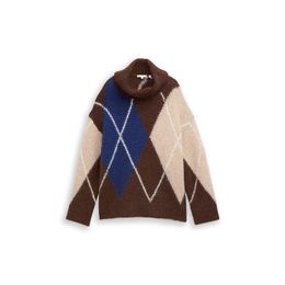 Tom Tailor Damen Oversize Rollkragenpullover mit Wollanteil, braun, Gemustert, Gr. L
