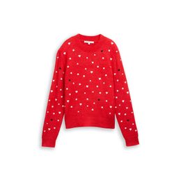 Tom Tailor Denim Damen Relaxed Fit Strickpullover mit Stickereien, rot, Gemustert, Gr. L