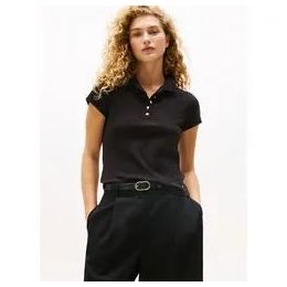 Poloshirt Tommy Hilfiger "GOLD BUTTON SLIM SS POLO", Damen, Gr. L (40), schwarz, Single Jersey, Obermaterial: 96% Baumwolle, 4% Elasthan, unifarben, slim fit, Shirts, mit goldfarbenen Knopf