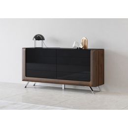 Sideboard LEONIQUE "Kasai", schwarz (wallnut columbia, schwarz hgl), B:160,5cm H:81cm T:44cm, FSC-zertifizierter Holzwerkstoff, Glas, MDF, Melamin, Metall, Sideboards, Breite 160,5 cm, mit 2 Türen