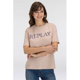T-Shirt Replay, Damen, Gr. L, rosa (pink salt), Single Jersey, Obermaterial: 100% Baumwolle, Rundhals, abgesteppte Kante, Shirts, mit Markenprint vorne