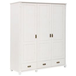 Drehtürenschrank Home Affaire ""Aimo", 3 türig, Landhausstil, Kassetten", Kinder, Gr. B/H/T: 152cm x 191cm x 59cm, Schubladen: 3 Stk. Türen: 3 Stk., weiß, Massivholz, Fräsungen, uni, Schränke Kinderkleiderschrank, aus Massivholz; FSC-Holz, Messinggriffe, Schubladen, stabile Qualität