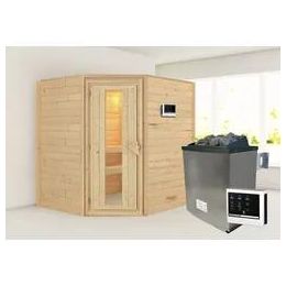 Sauna Karibu "Mia (Fronteinstieg)", beige (naturbelassen), (ohne Ofen), Saunen, Ofen 9 KW externe Strg easy