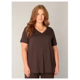 T-Shirt Base Level Curvy "Alba", Damen, Gr. 48, braun, Single Jersey, Obermaterial: 94% Viskose, 6% Elasthan, unifarben, figurumspielend h&uuml;ftlang, V-Ausschnitt, abgesteppt, Shirts T-Shirt, mit V-Ausschnitt