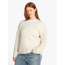 Rundhalspullover Tommy Hilfiger Curve "CRV CO CABLE C-NK LS SWEATER", Damen, Gr. 52, heather ivory petal, Strick, Obermaterial: 100% Baumwolle, meliert, regular fit hüftlang, Rundhals, elastischer Bund, Pullover, in Großen Größen, Zopfmuster, Logostickerei