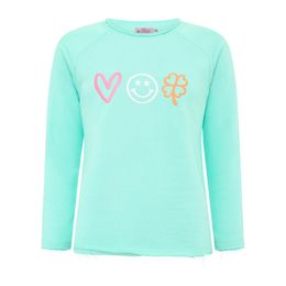 Sweatshirt Zwillingsherz ""Love Smile Luck"", Damen, Gr. L/XL (L/XL), grün (mint), Sweatware, Obermaterial: 50% Baumwolle, 50% Polyester, unifarben mit Farbeinsatz, comfort fit hüftlang, Rundhals, Sweatshirts, mit Used-Look Kanten und Stickerei vorne und hinten