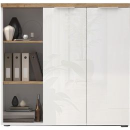 Aktenschrank Inosign "Easy H 115 cm, Büroschrank, Mehrzweckschrank mit 2 Türen", weiß hochglanz lack, eiche cadiz dekor, B:120cm H:115cm T:34cm, FSC-zertifizierter Holzwerkstoff, Schränke, Metallgriffe, Top 38 mm stark
