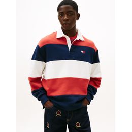 Rugbyshirt Tommy Jeans "TJM BADGE STRIPE", Damen, Gr. XL, d n navy, terracotta rot, ecru, Jersey, Obermaterial: 100% Baumwolle, relaxed fit normal, B&uuml;ndchen, Shirts, relaxed fit, gestreift, Rugby-Kragen, verdeckte Knopfleiste