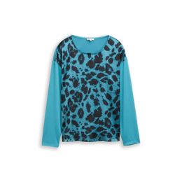 Tom Tailor Damen Loose Fit Langarmshirt mit Leo-Print, blau, Animalprint, Gr. XL