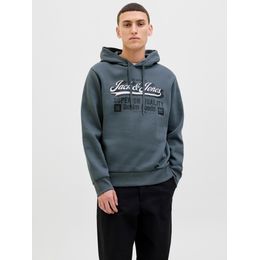 Jack & Jones Kapuzensweatshirt JACK & JONES "JJELOGO SWEAT HOOD 2 COL 25/26 NOOS", Herren, Gr. S, grau (stormy weather), angeraute Sweatware, Obermaterial: 70% Baumwolle, 30% Polyester, bedruckt, regular fit normal, Rundhals, Rippbündchen, Sweatshirts, mit stylischem Print