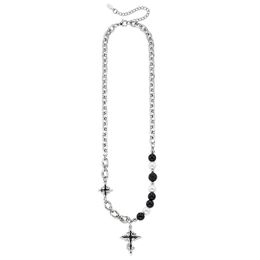 Bruno Banani Herren Kette mit Anh&auml;nger &raquo;Schmuck Geschenk Edelstahlkette mit Kreuz schwarz emalliert&laquo; mit Lavastein - mit Perle (imitiert)