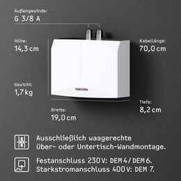 Stiebel Eltron Klein-Durchlauferhitzer &raquo;DEM 7 f&uuml;r Handwaschbecken, 6,5 kW, o. Stecker&laquo; Starkstromanschluss 400V, druckfest + drucklos wei&szlig; 