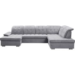 WERK2 Wohnlandschaft »Kordula-New Multifunktion Couch, Breite 332cm, U-Form« Sofa in U-Form mit Schlaffunktion & Bettkasten, Schlafcouch Hellgrau