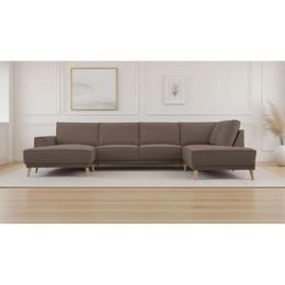 OTTO HOME Wohnlandschaft »Oland Skandi, weicher Chenille-Stoff« U-Form, 345 cm, Wellenunterfederung, Skandi-Design, Massivholzfüße brown 100%...