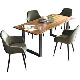 Salesfever Essgruppe &raquo;- stilvolles Design&laquo; Set, 5 Stk. tlg. 5-teiliges Set mit authentischer Baumkanten-Tischplatte gr&uuml;n Massivholz, Metall, Polyester