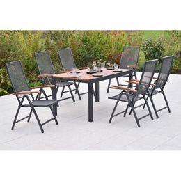 Merxx Garten-Essgruppe &raquo;&raquo;Thasos&laquo;&laquo; Set, 7 Stk. tlg. folierte Armlehnen und Tischplatte in Holzoptik grau Aluminium, Kunststoff