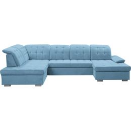 WERK2 Wohnlandschaft »Kordula-New Multifunktion Couch, Breite 332cm, U-Form« Sofa in U-Form mit Schlaffunktion & Bettkasten, Schlafcouch Hellblau